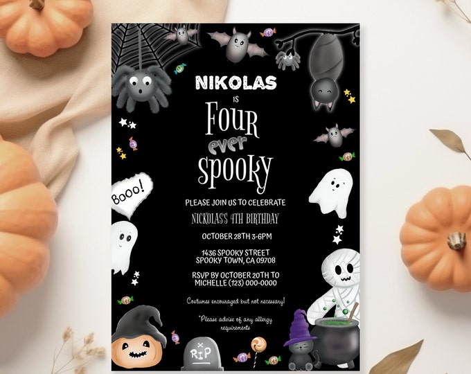 EDITABLE 4th Birthday Halloween Themed Invitation, FOUR Ever Spooky ...