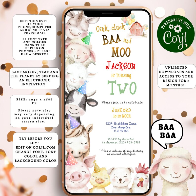 EDITABLE Cute Farmyard Animals Birthday Party Text Evite, Calling All ...