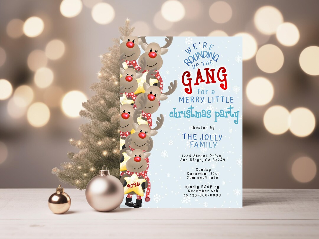 Editable Cute Reindeer Christmas Party Invitation, Rounding up the Gang ...