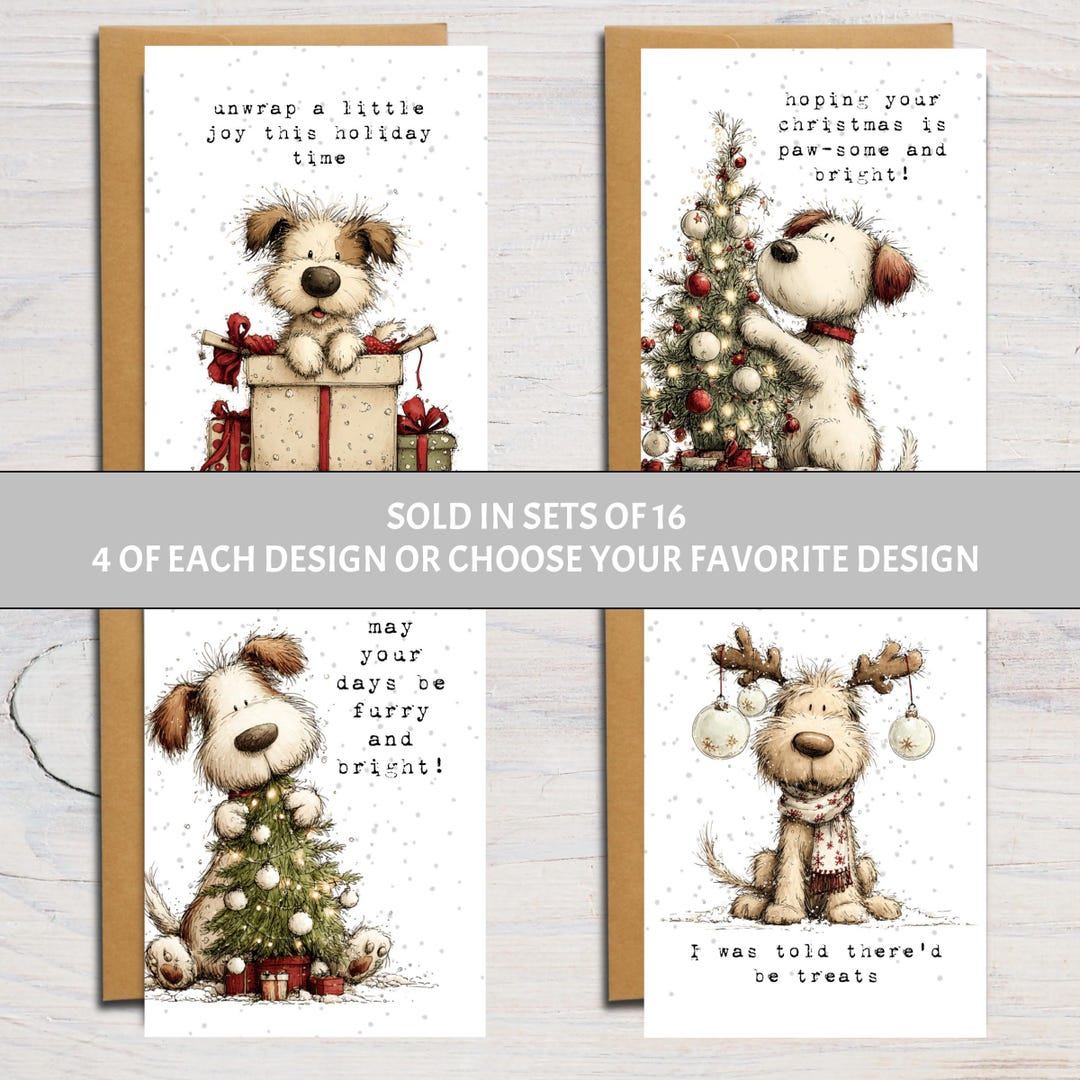 PRINTED Dog Themed Mini Christmas Cards – Set of 16 Mix & Match 4 ...