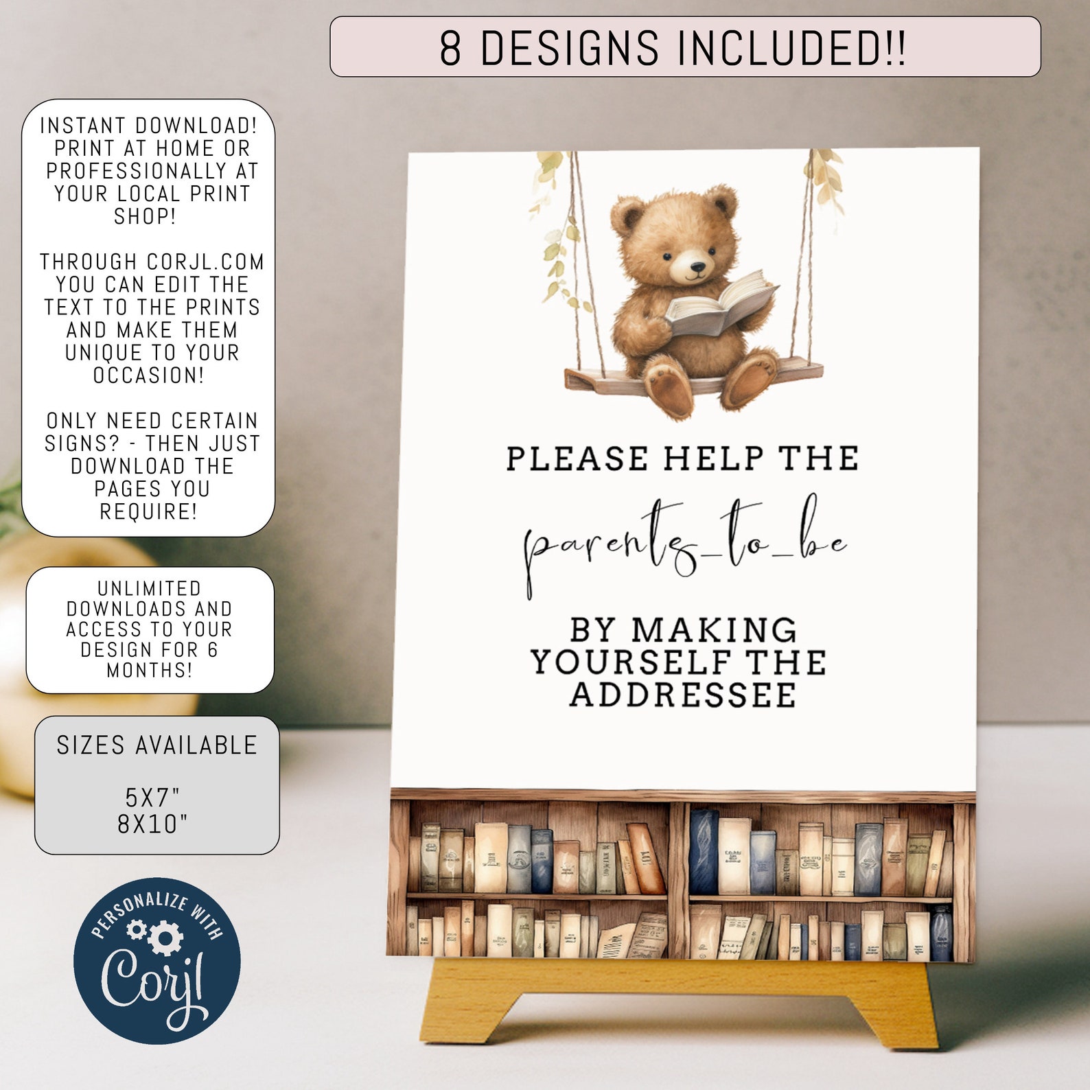 Editable Storybook Baby Shower Table Signs, Woodland Bear in Swing ...