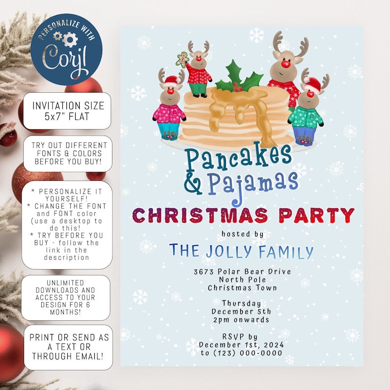 EDITABLE Pancakes and Pajamas Christmas Party Invite, Reindeer PJ Party ...