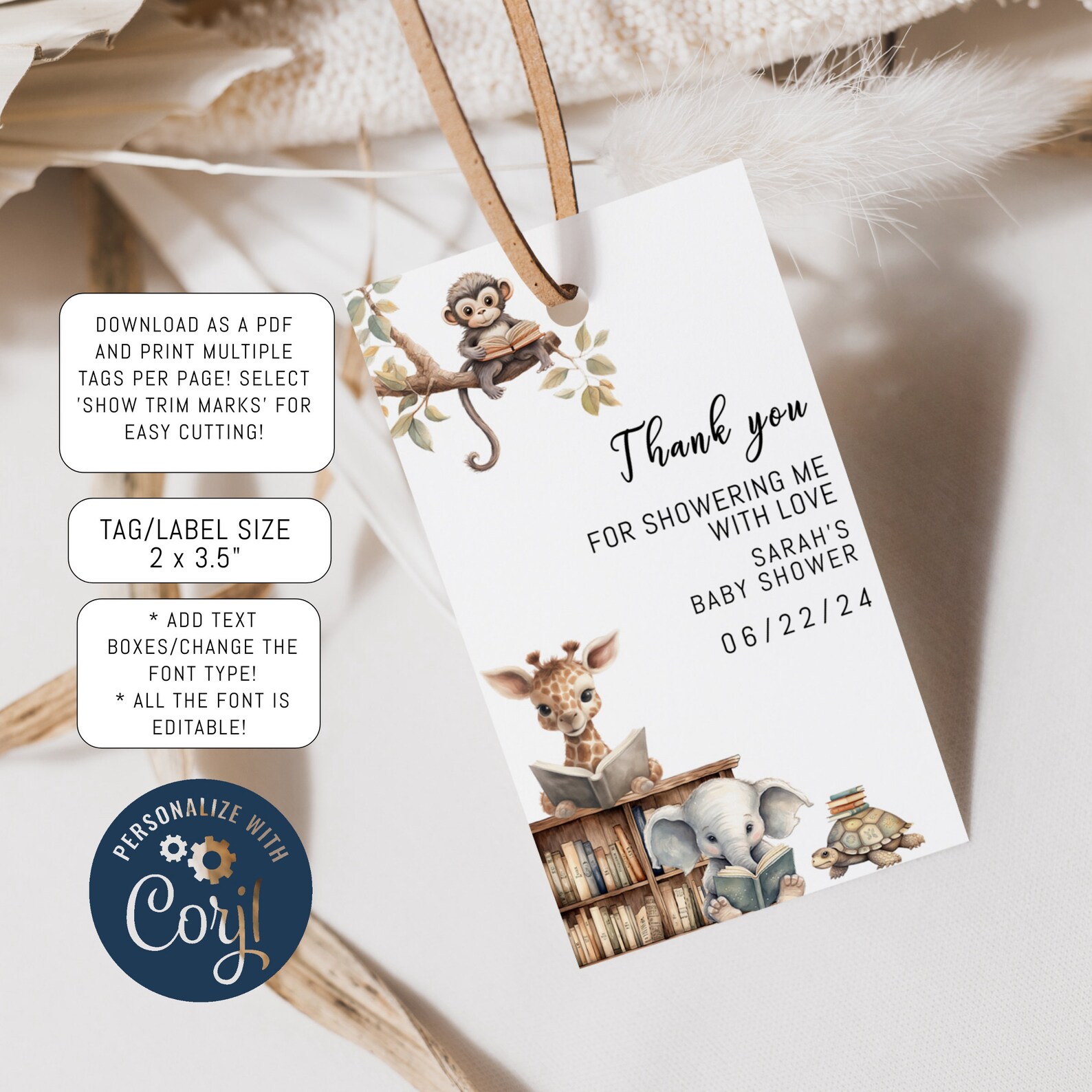 EDITABLE Storybook Jungle Animals Baby Shower Thank You Favor Tags ...