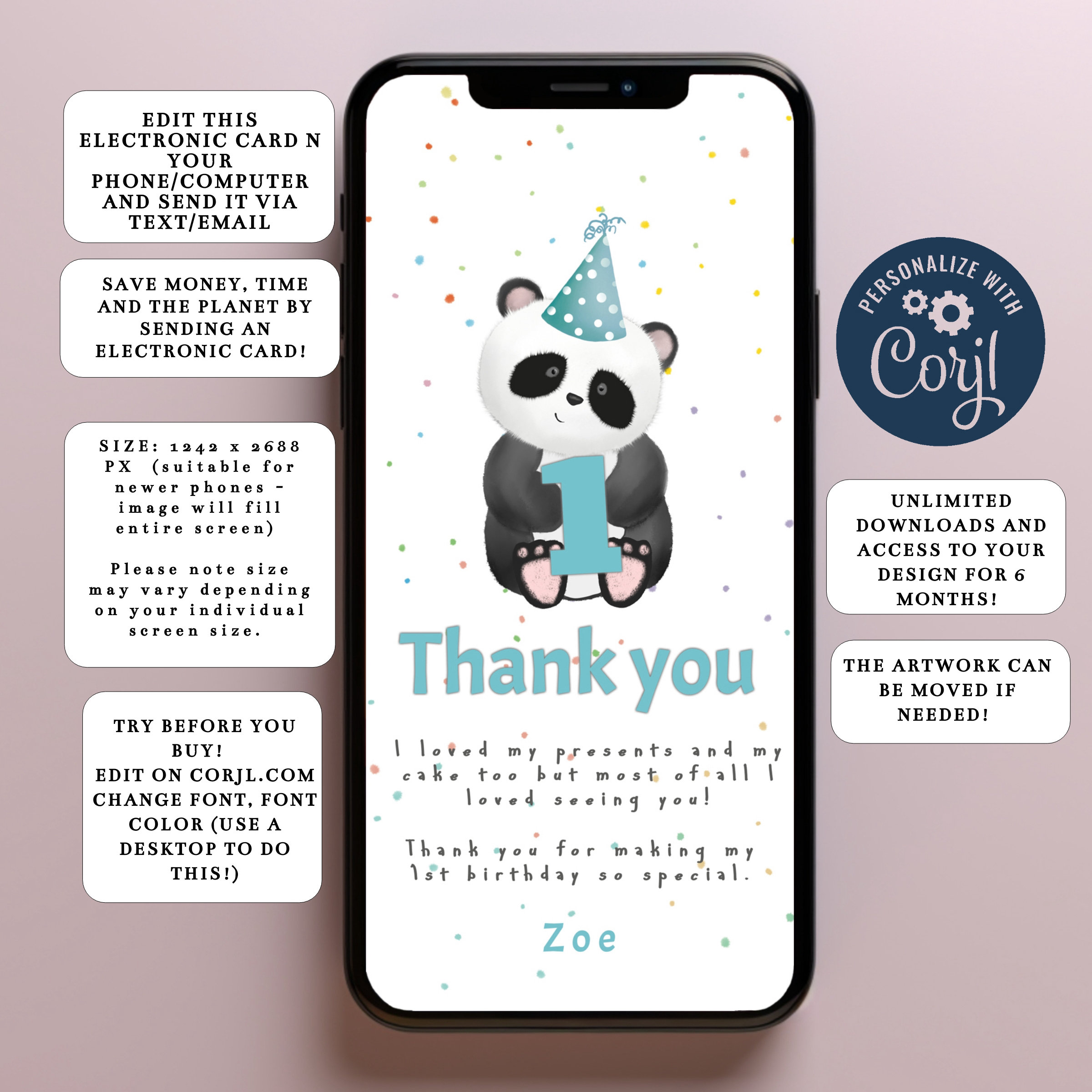 EDITABLE Text Digital Thank You Card, Panda Pink Thank You Card ...