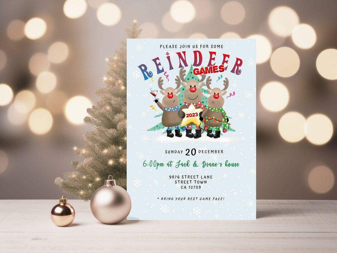 Editable Cute Reindeer Games Christmas Party Invitation, Reindeer ...