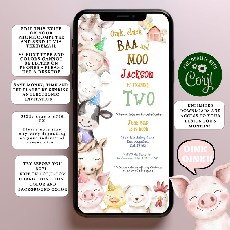EDITABLE Cute Farmyard Animals Birthday Party Text Evite, Calling All ...