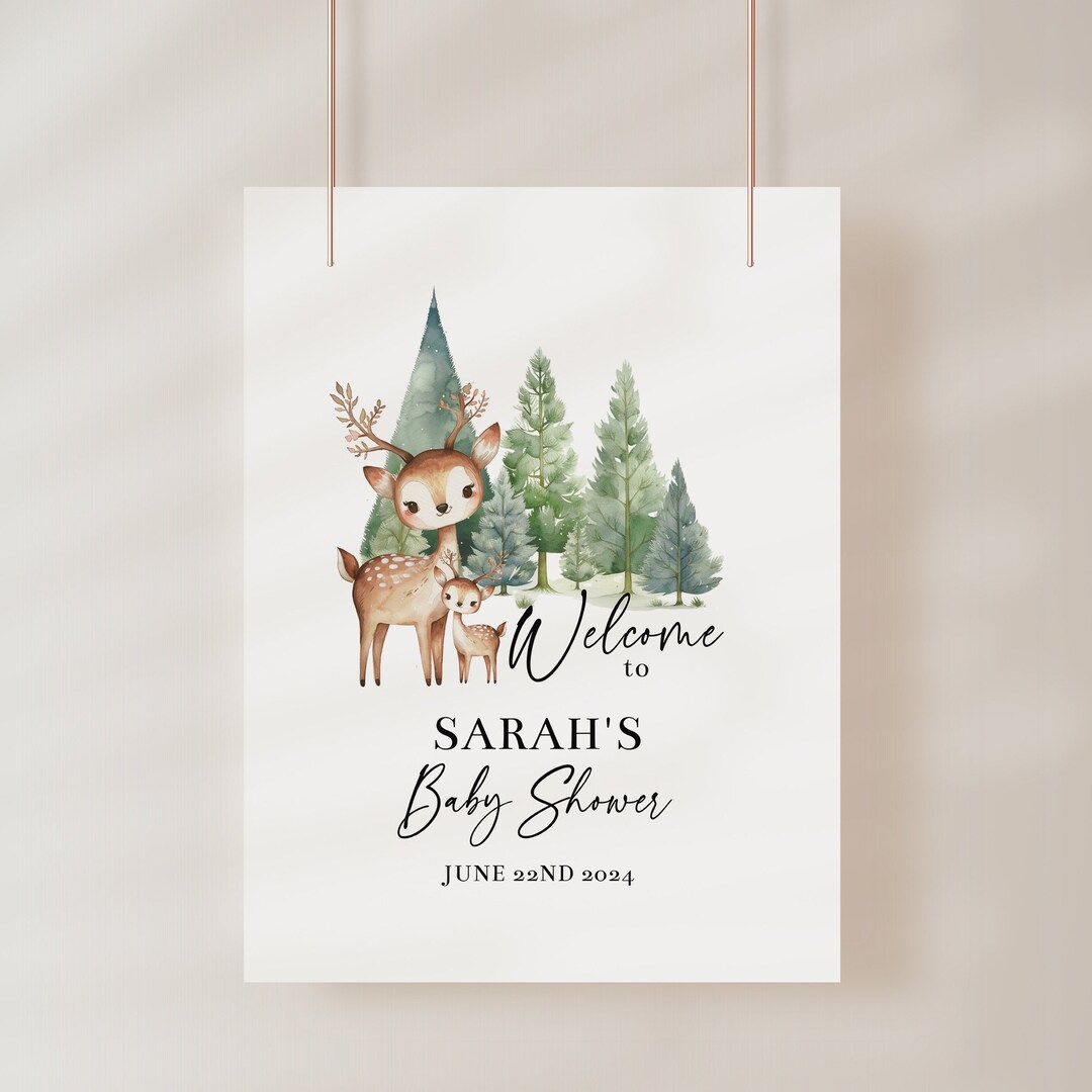 Editable Deer and Baby Fawn Baby Shower Welcome Sign, Woodland ...