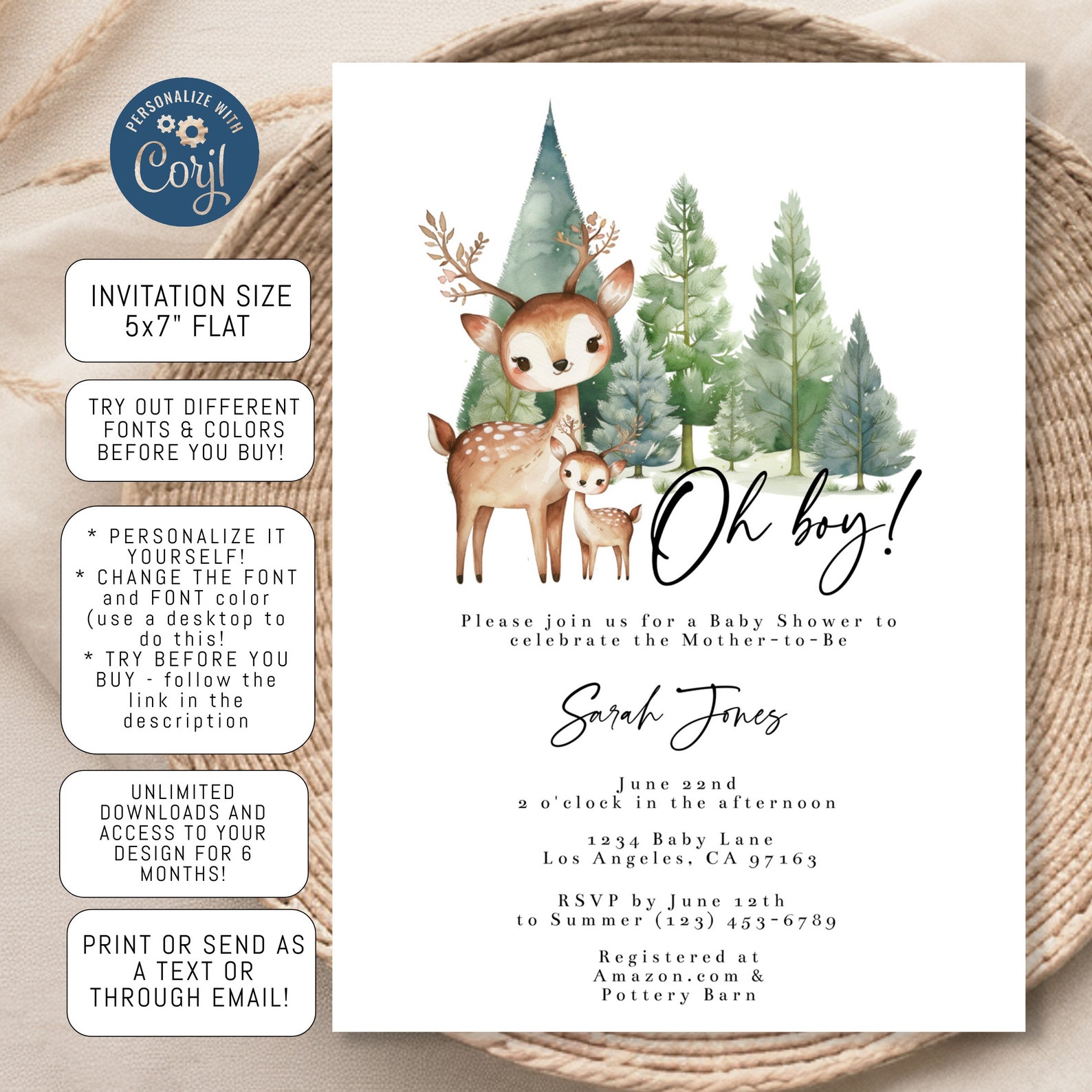 Woodland Deer Baby Shower Invitation Bundle, Fawn Woodland Gender ...