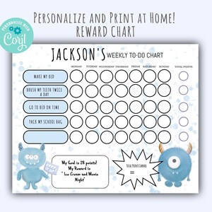 EDITABLE and Personalized Reward Chart, Monster Themed Reward Chart ...