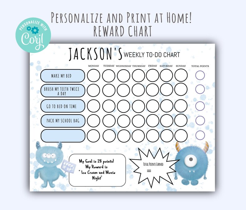 EDITABLE and Personalized Reward Chart Monster Themed Reward - Etsy