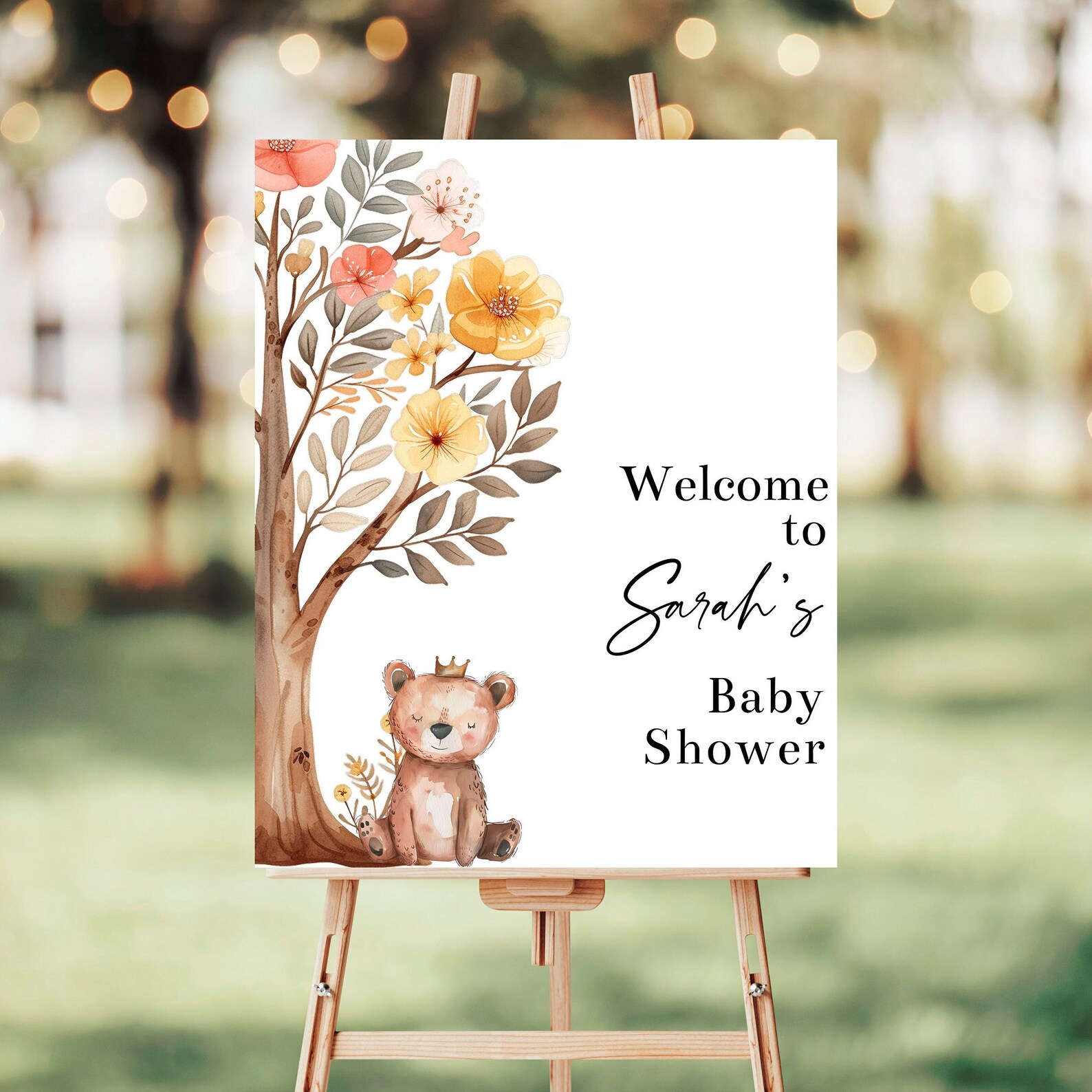 Editable Baby Shower Welcome Sign, Floral Tree and Bear Cub Shower Sign ...