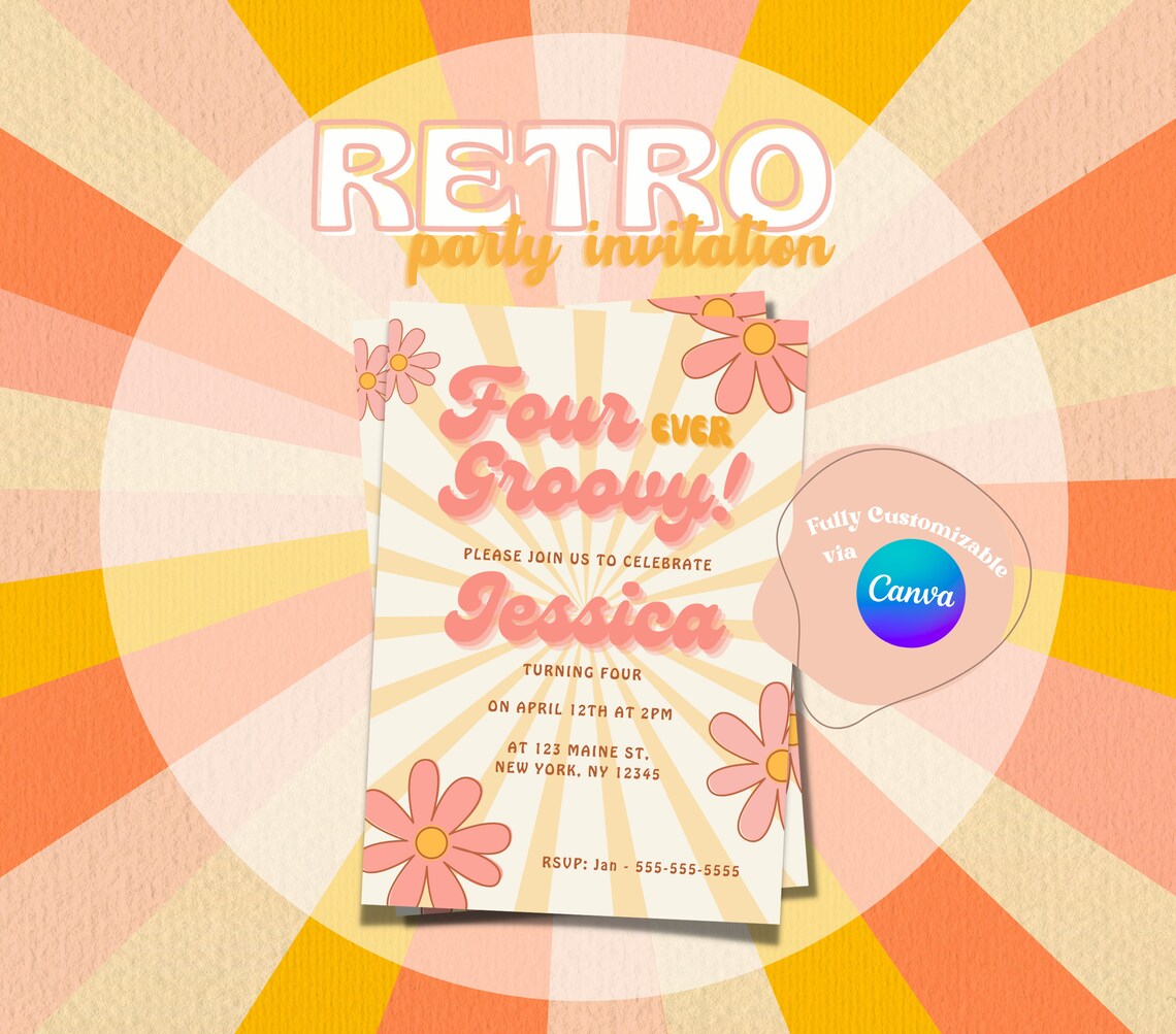 Retro Party Invitation | Hippie Theme Birthday Party | Edit on Canva ...