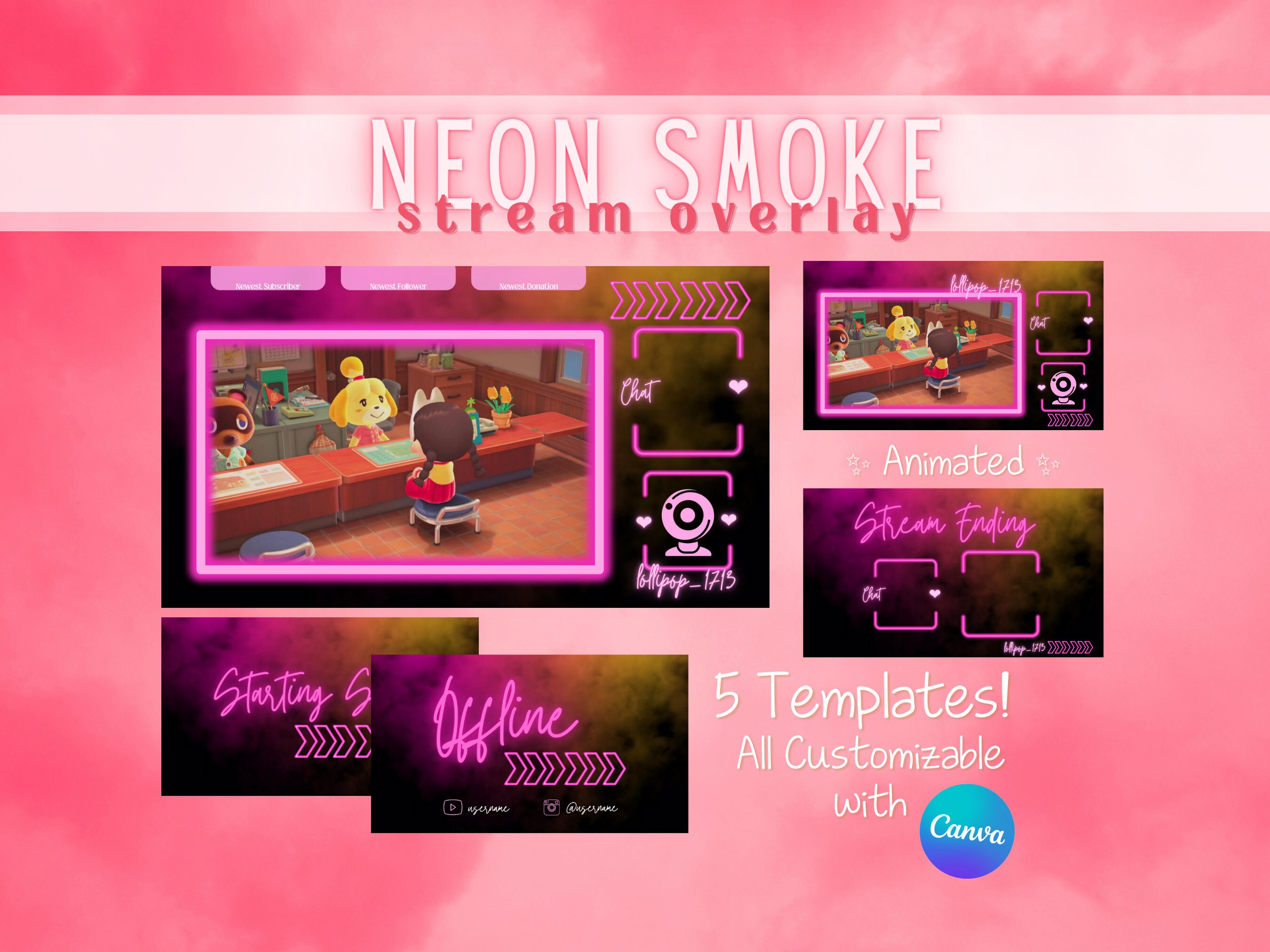 Neon Smoke Live Stream Overlay | Twitch Streamer | Girl Gamer | Pink - Etsy