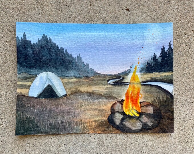 Tent and Campfire in Colorado - Summertime - Original Watercolor Art ...