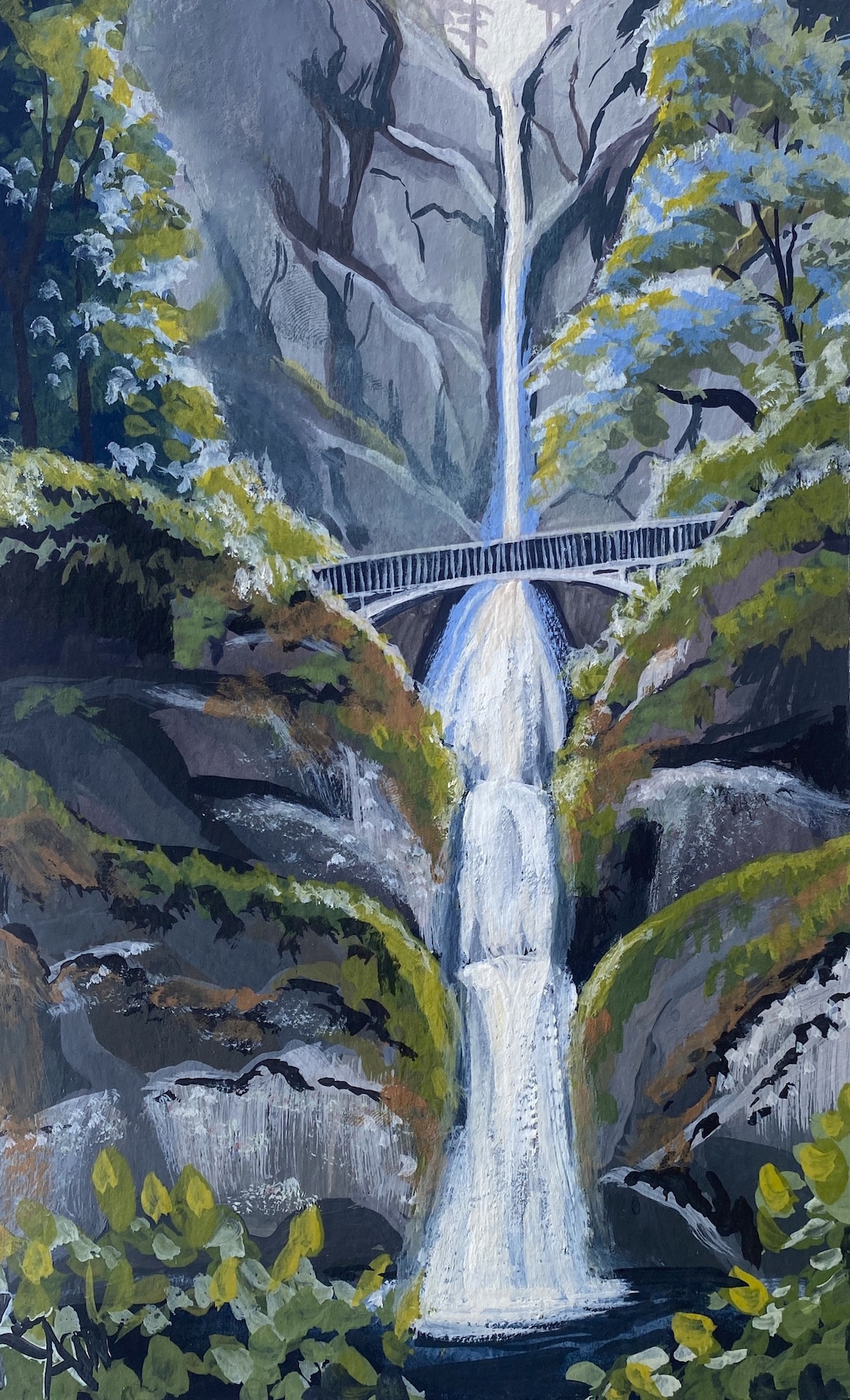 Multnomah Falls, Oregon - Original Gouache Painting on Paper, Unframed ...