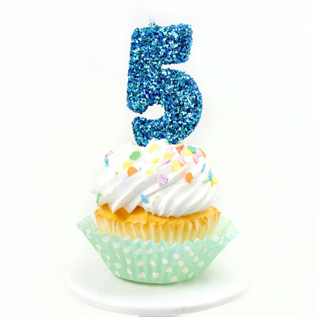 3 Number 5 Candle Blue coastal Sparkle Five Cake Topper, Birthday Decor ...