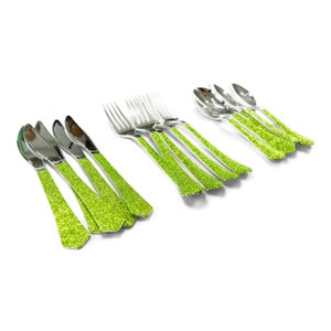 15pc Silver Spoons Lime Green Glitter Decorative Silverware, Disposable ...