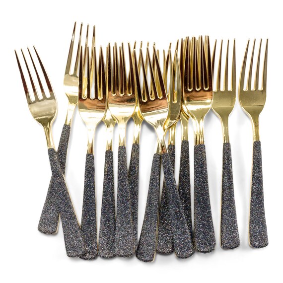 15pc Gold Forks Black Glitter Decorative Silverware | Etsy