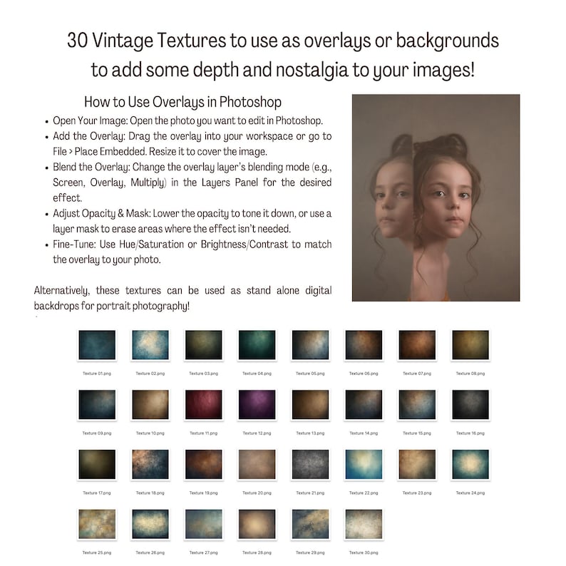 Vintage Portrait Texture Overlays: Muslin Photo Backgrounds (digital ...
