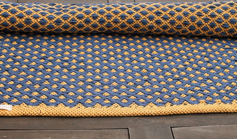 Navy Blue and Mustard Geometric Runner Rug / Kitchen Runner Rug ...