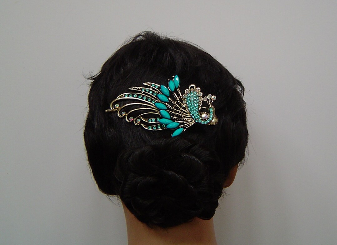 Peacock Blue Rhinestone Classical Hair Clip Peacock Barrette Hairpin ...