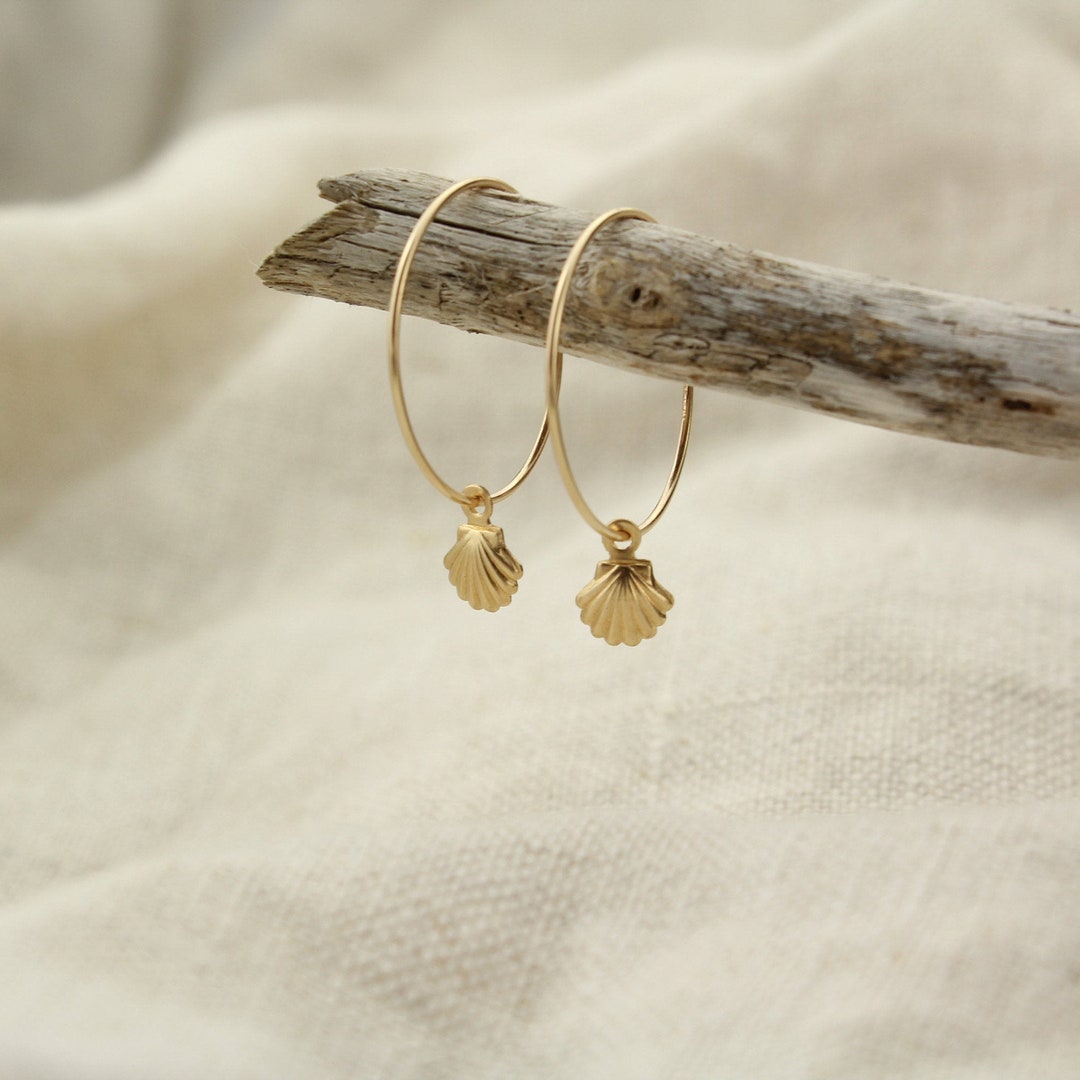 Shell Hoop Earrings. Gold Filled Hoop Earrings With Charm. - Etsy