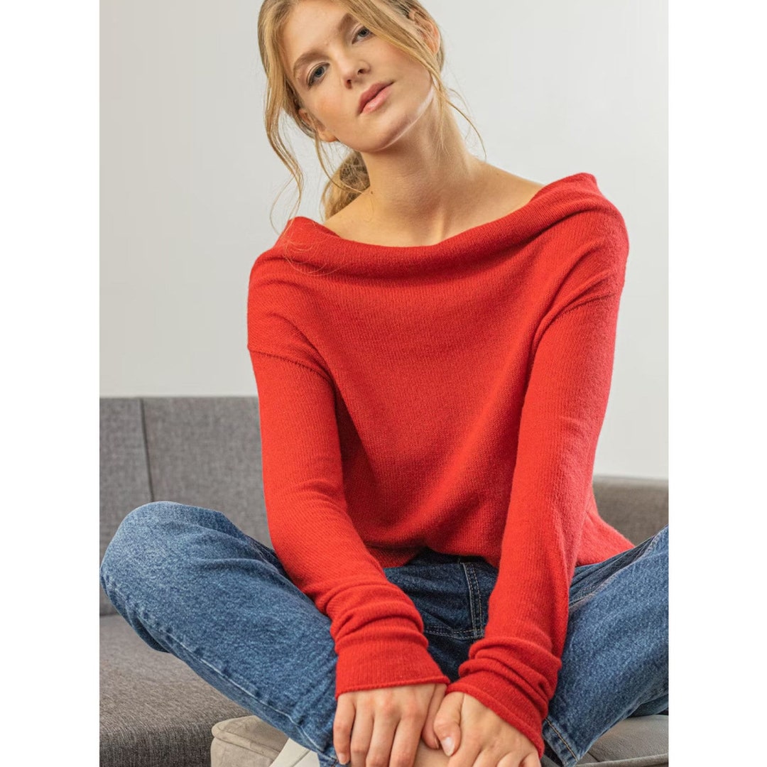 Red Cashmere Off‑shoulder Sweater • Soft Cowl Neck Knit Pullover • Women’s Winter Cashmere Top ...
