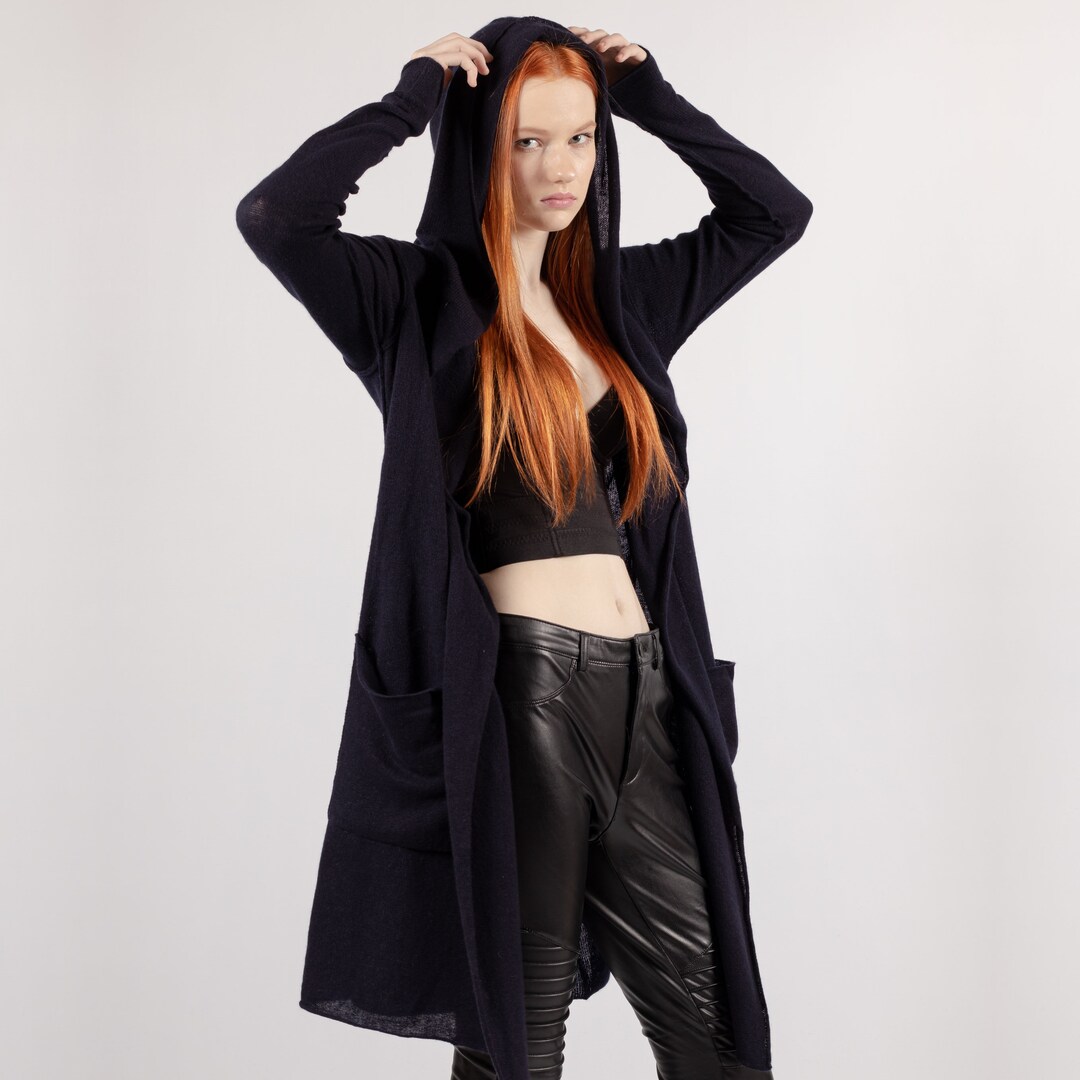 Cashmere Cardigan With Hood, Long Thin Cashmere Cardigan, Long Hooded ...