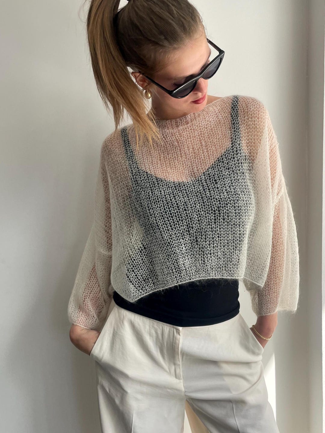 Sheer Mohair Crop Top, Hand Knit Lightweight Summer Sweater, 3/4 Sleeve ...