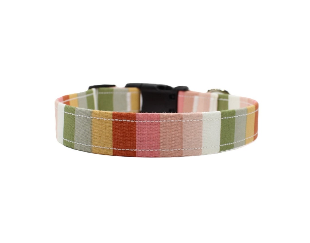 Retro Muted Rainbow Striped Dog Collar: Adjustable Cotton Fabric Collar ...