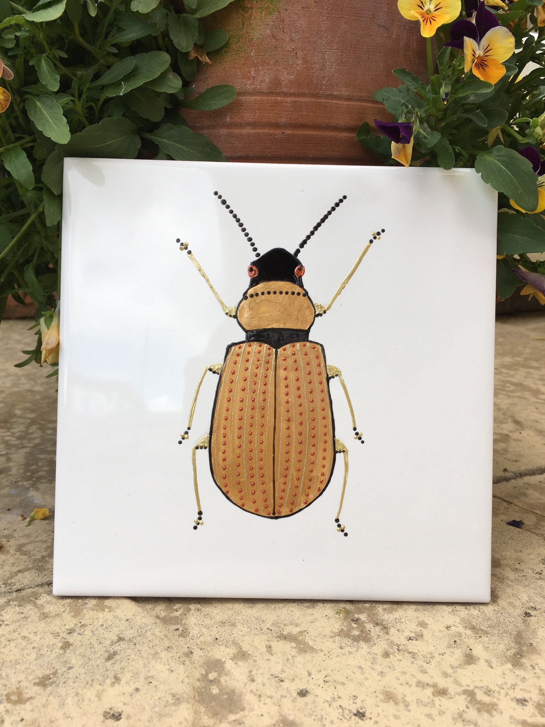 Gold Beetle, Original Ceramic Tile Painting, Splashback, Wall Art ...