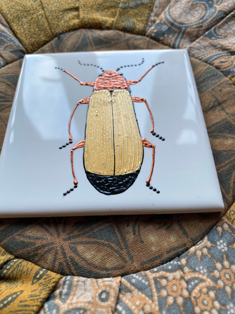 Gold Beetle Original Ceramic Tile Painting Splashback Wall - Etsy
