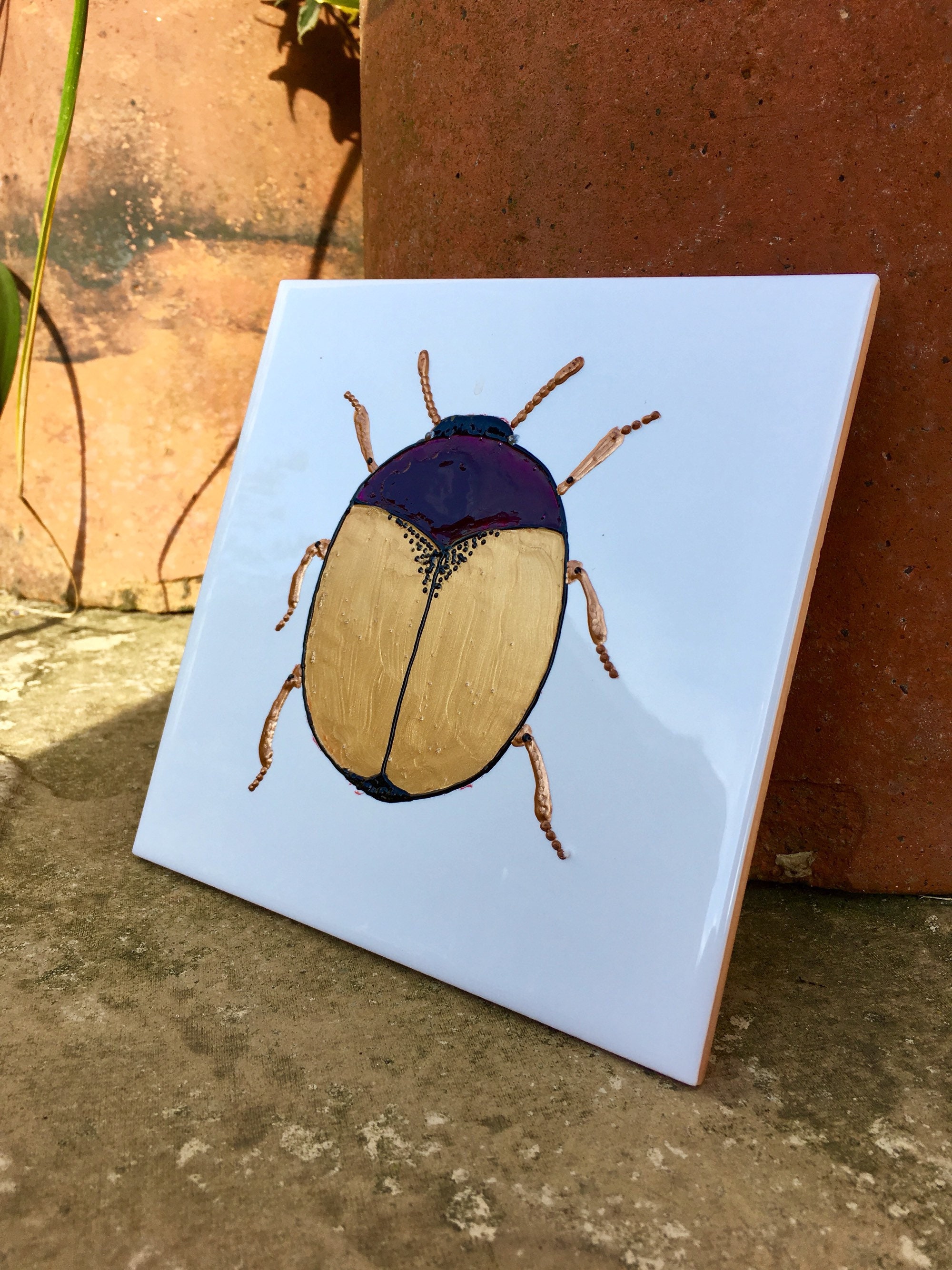 Round Gold and Purple Beetle, Original Ceramic Tile Painting ...