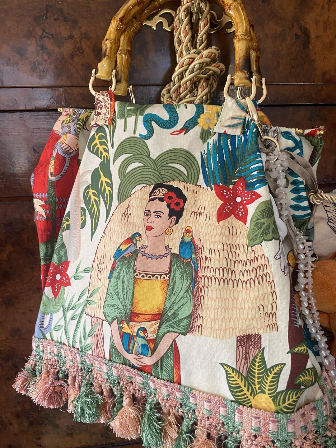Bag Frida Motif Fabric Bamboo Handle Summer Bag Bag Bag Pouch Frida ...