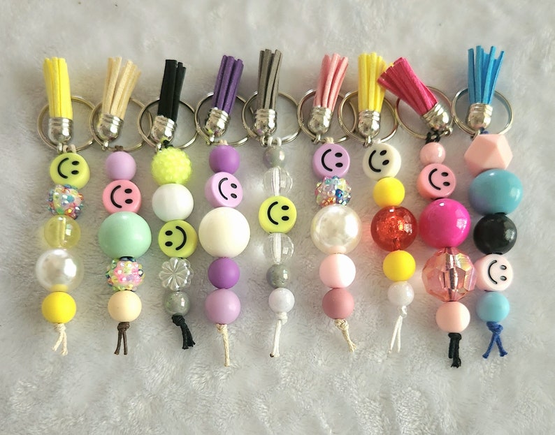 Handmade Beaded Smiley Face Keychain With Tassel - Etsy