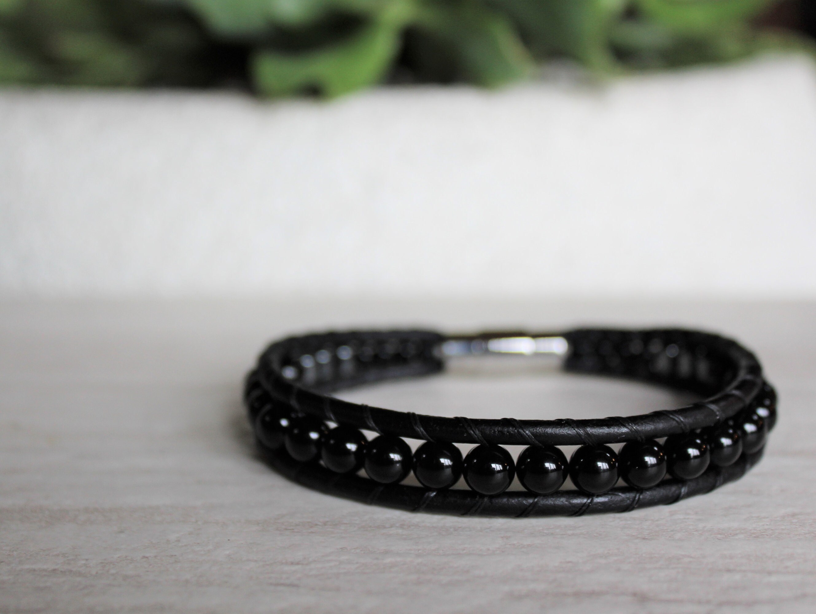 Mens Black Onyx Leather Bracelet – Hematite, Magnetic Clasp - Etsy