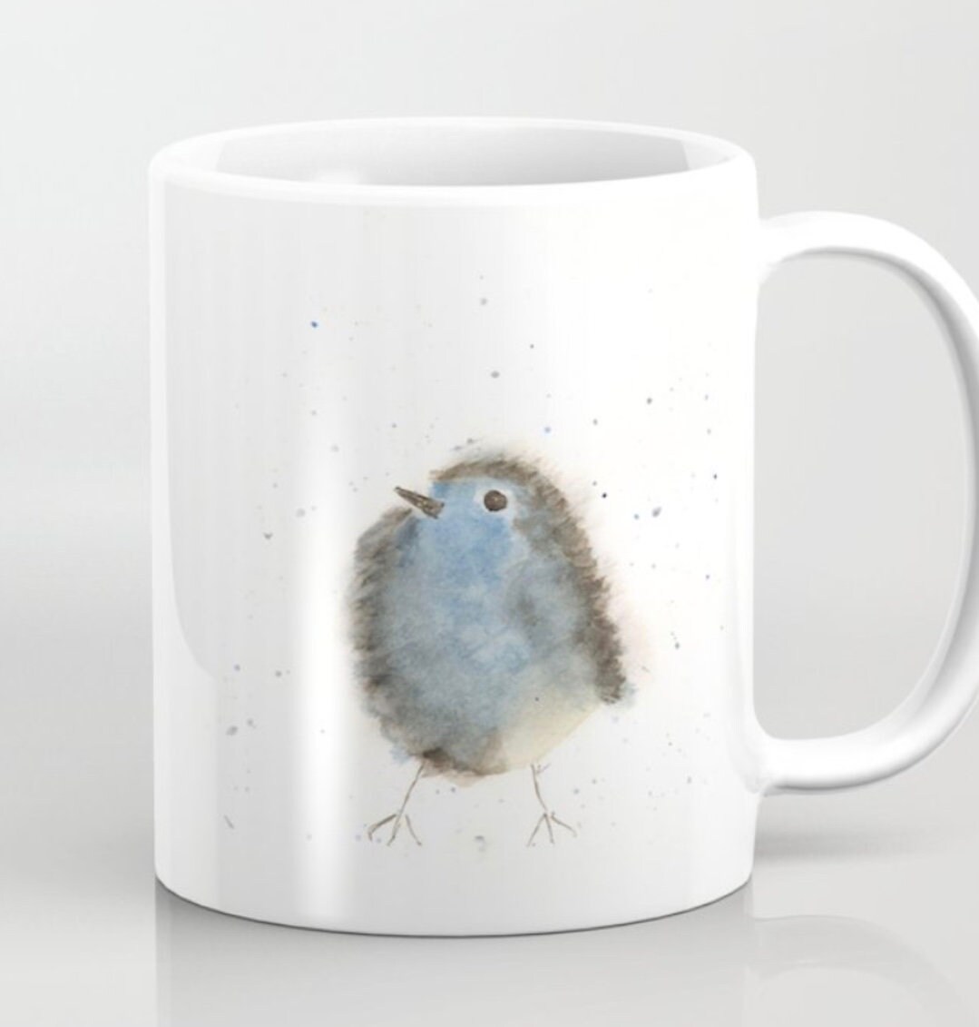 Blue Bird Mug Whimsical Blue Bird Watercolor - Etsy