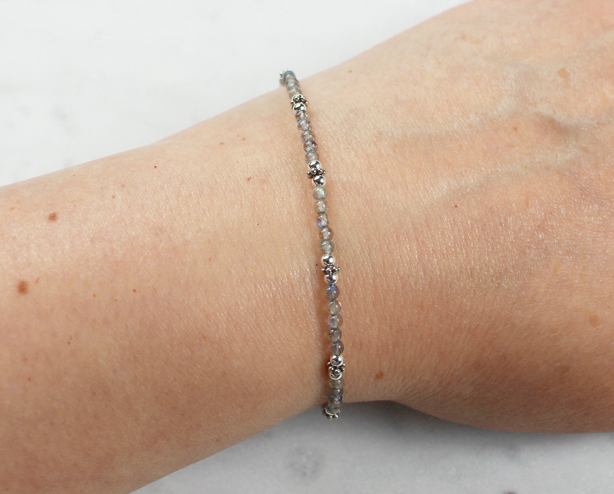 Labradorite Beaded Bracelet with Sterling Silver Skinny | Etsy