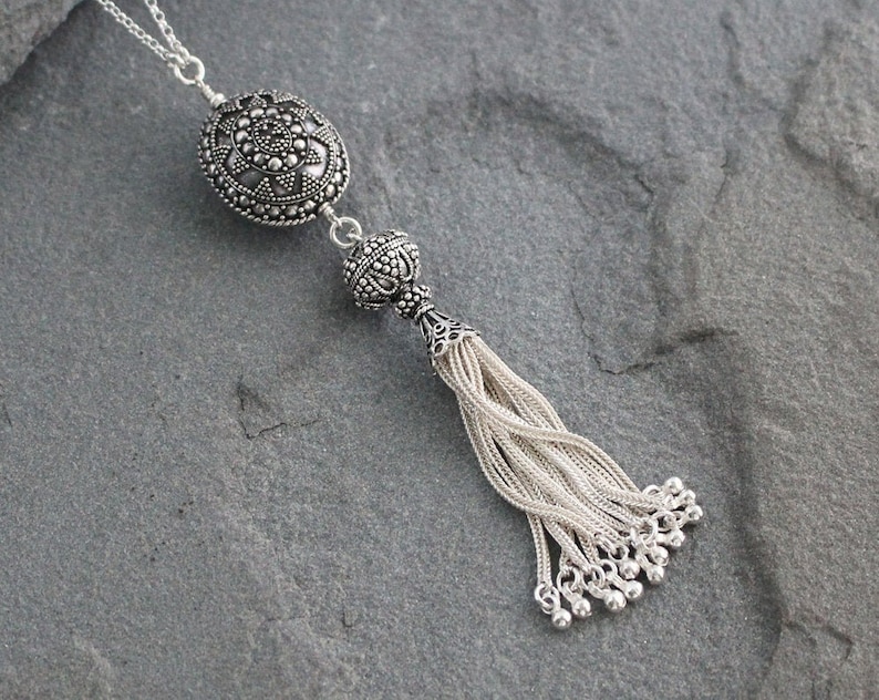 Sterling Silver Tassel Necklace on Long Chain, Bali and Turkish Silver ...