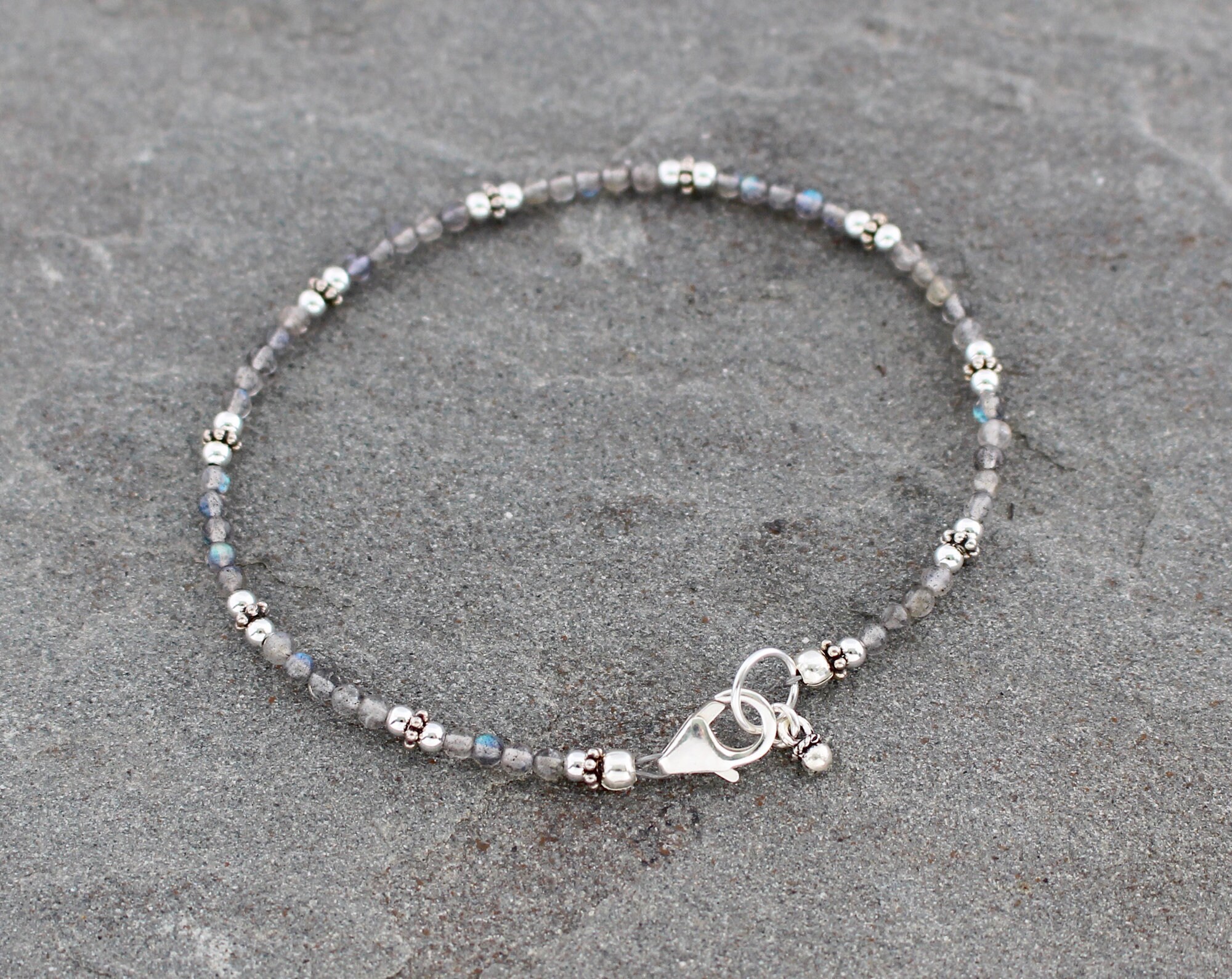 Labradorite Beaded Bracelet with Sterling Silver Skinny | Etsy