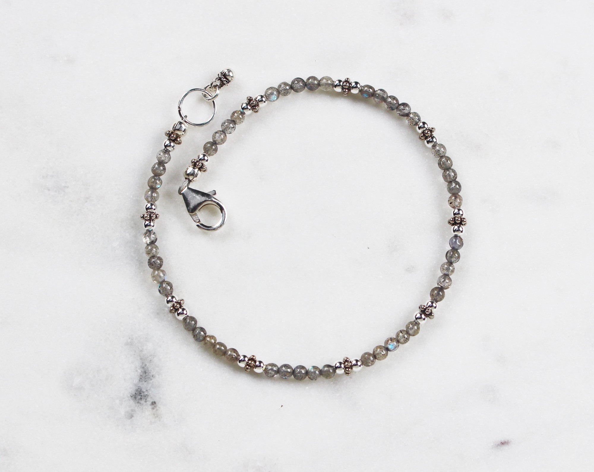 Labradorite Beaded Bracelet with Sterling Silver Skinny | Etsy