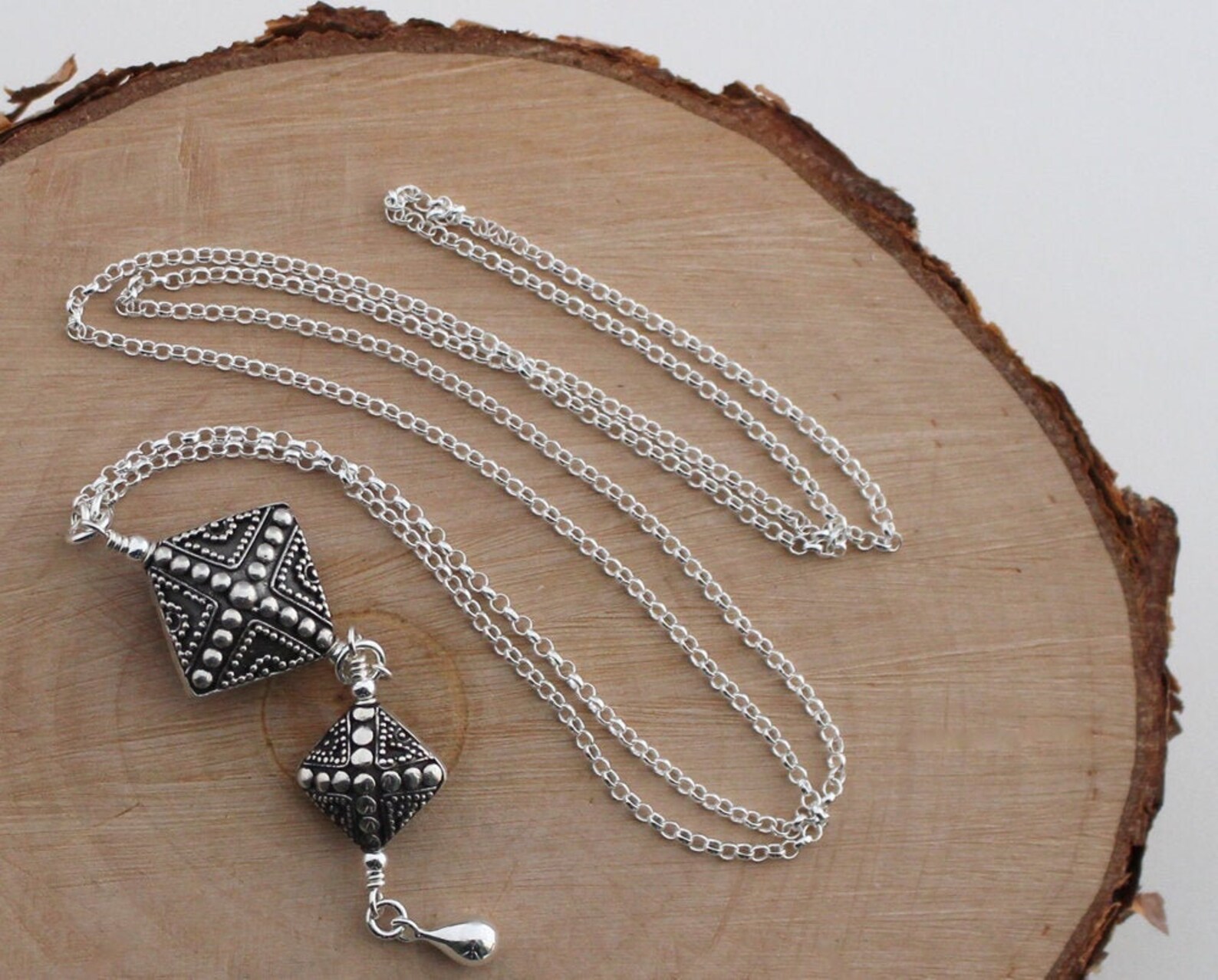 Long Balinese Sterling Silver Necklace, Geometric Bali Silver Jewelry ...