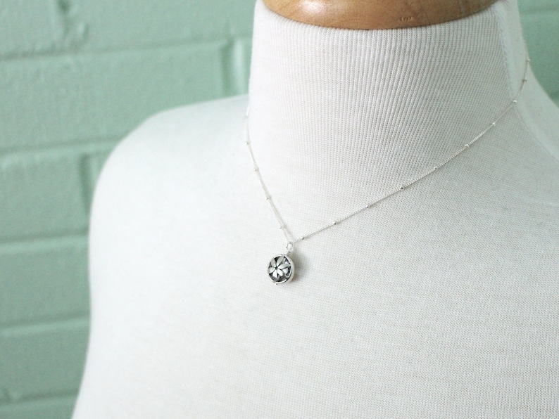 Small Sterling Silver Flower Necklace on Dainty Beaded Chain, Silver ...