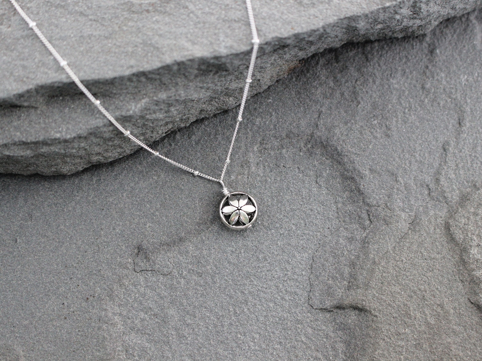 Small Sterling Silver Flower Necklace on Dainty Beaded Chain, Silver ...