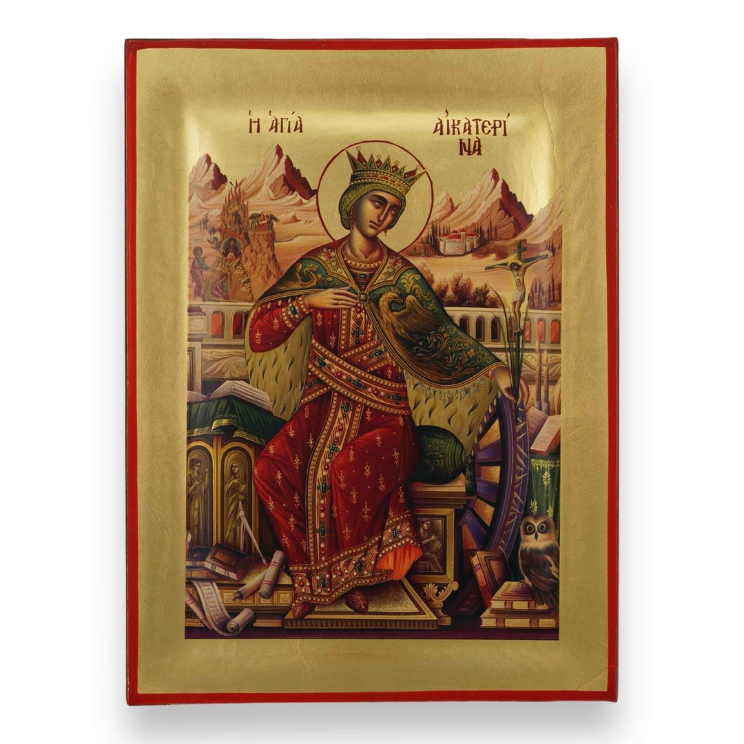 St Catherine of the Wheel Icon - Raised Border Greek Orthodox Icon ...