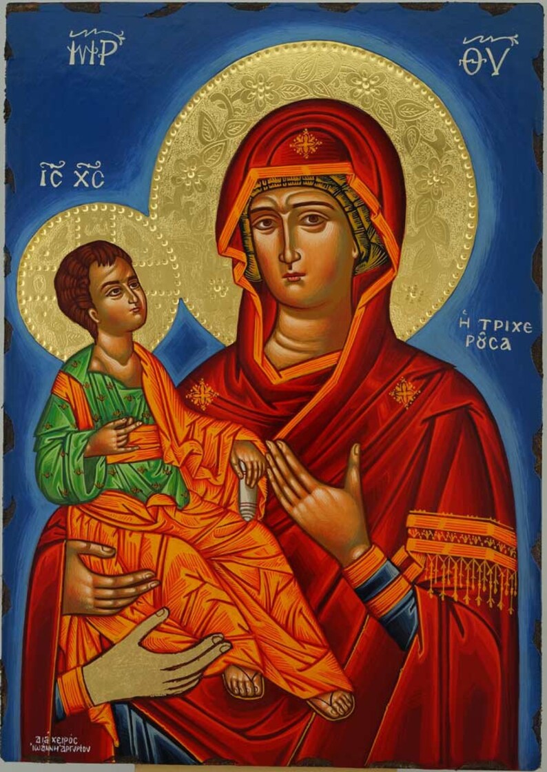 Panagia Tricherousa Icon, Virgin Mary With Three Hands Hand-painted ...