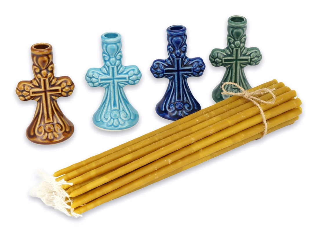 Set of 2 Cross Design Ceramic Candle Holders Candlesticks and 20 Pcs ...