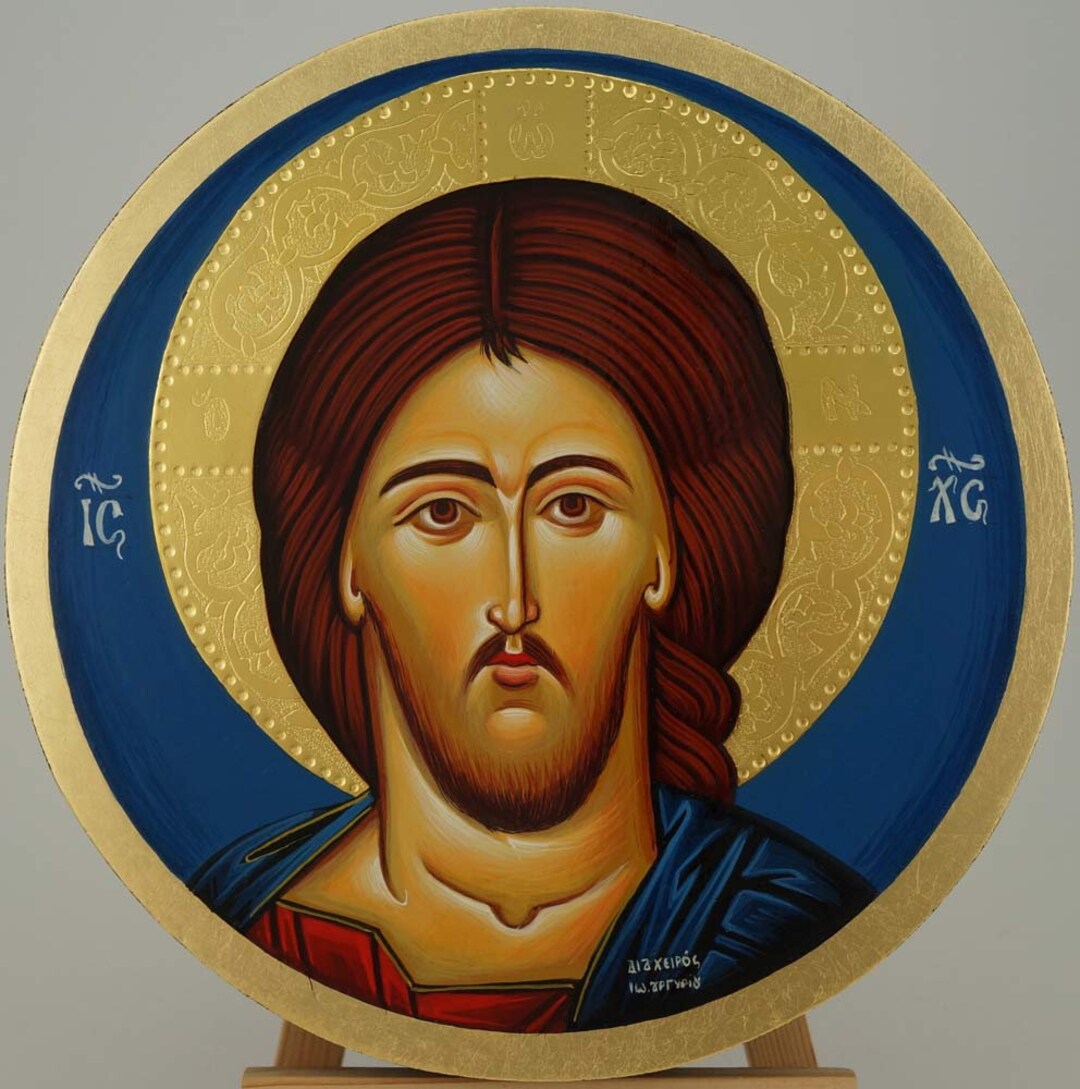 Jesus Christ Pantocrator Round Icon - Hand-painted Greek Orthodox ...