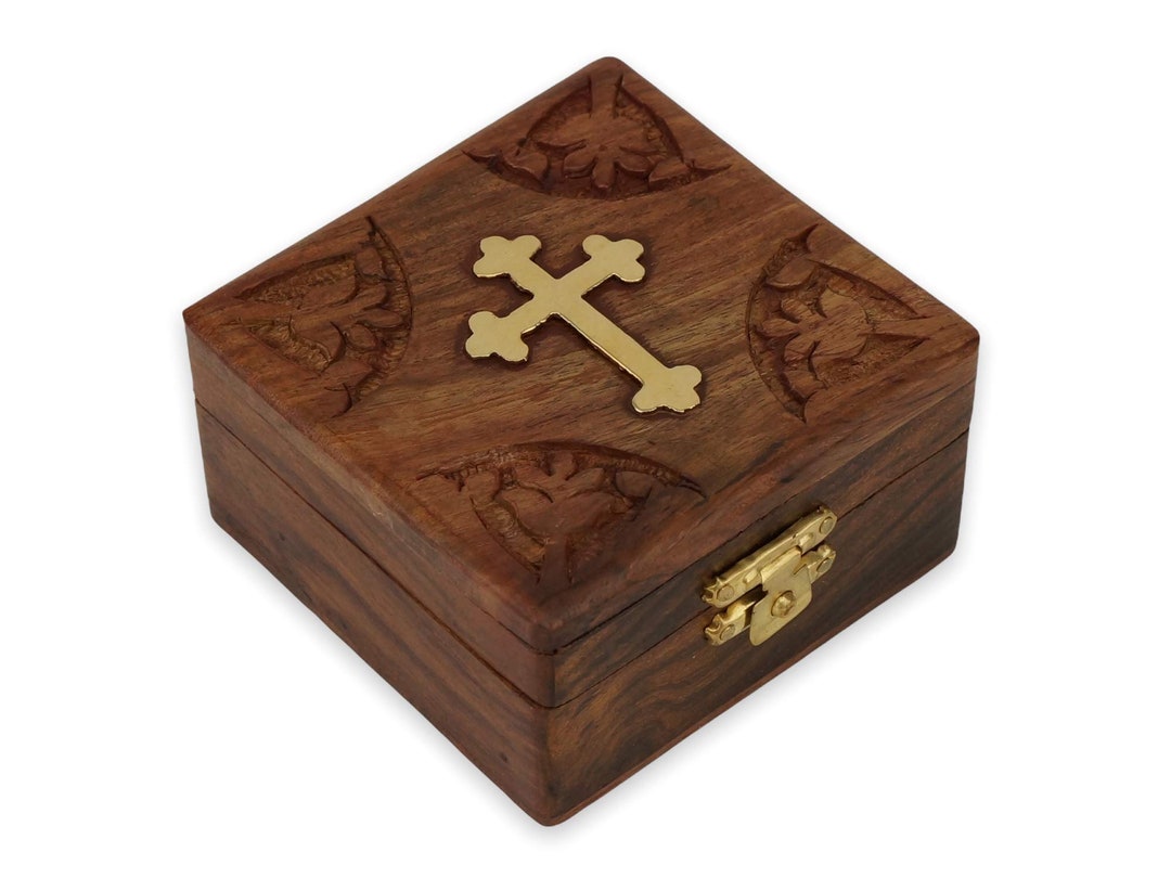 Small Hand Carved Wood Storage Box With Hinged Lid and Metal Cross ...