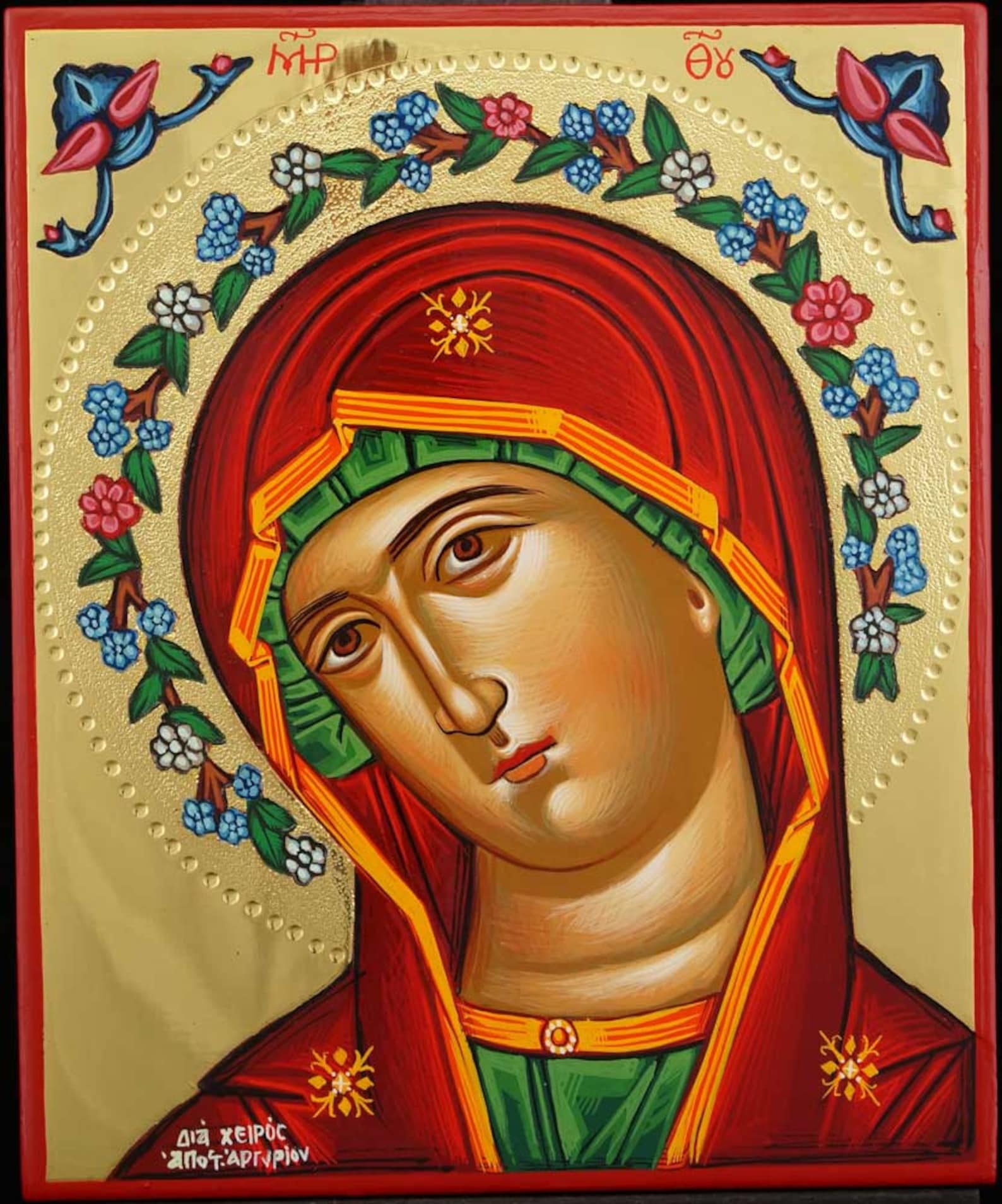 Virgin Mary Icon, Theotokos Flower Wreath Icon Hand-painted Byzantine ...